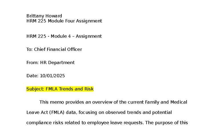 HRM 225 Module 4 Assignment: FMLA Trends & Compliance Risks - Studocu