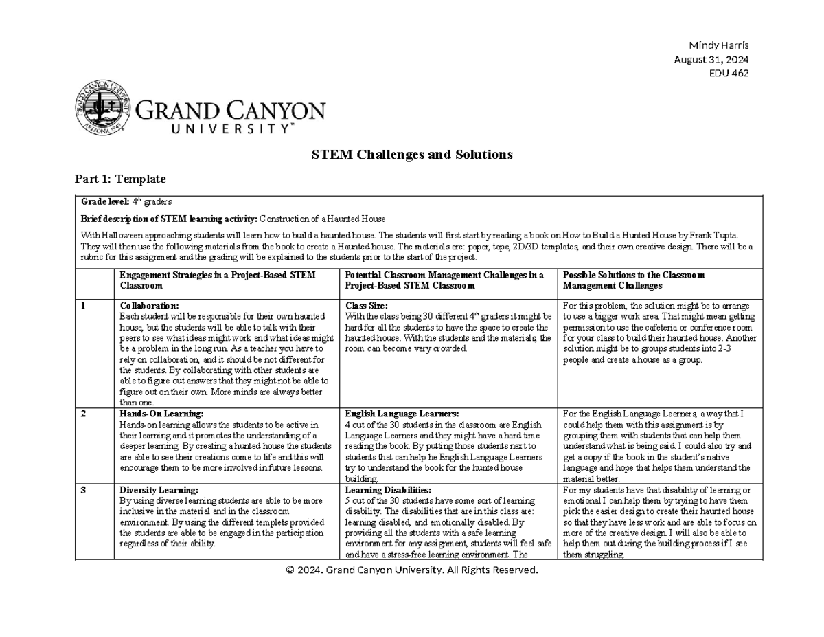 STEM Challenges & Solutions: Engaging 4th Graders in EDU 462 - Studocu