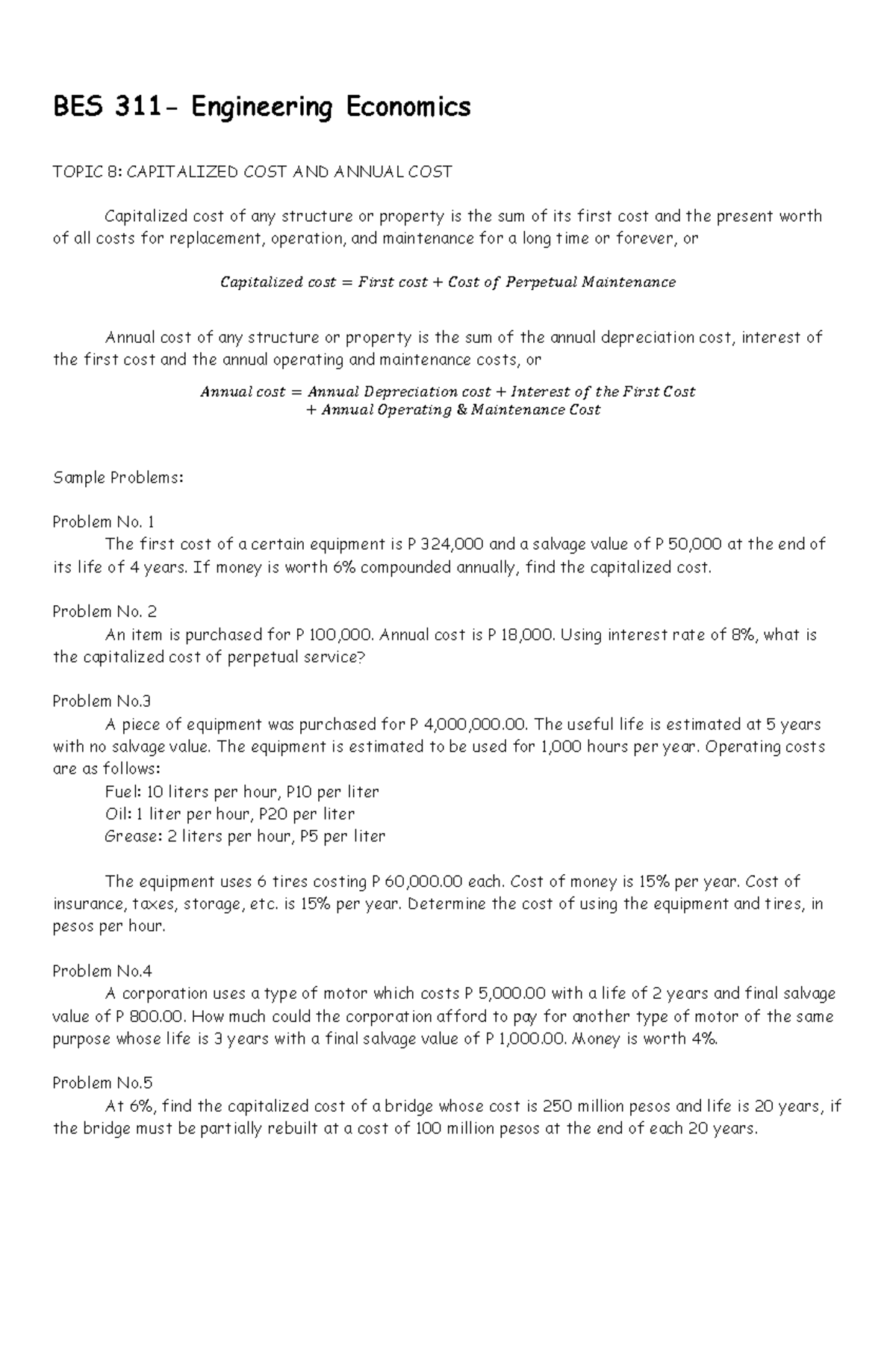 BES 31 1 - Final Exam: Capitalized Cost & Annual Cost Analysis - Studocu