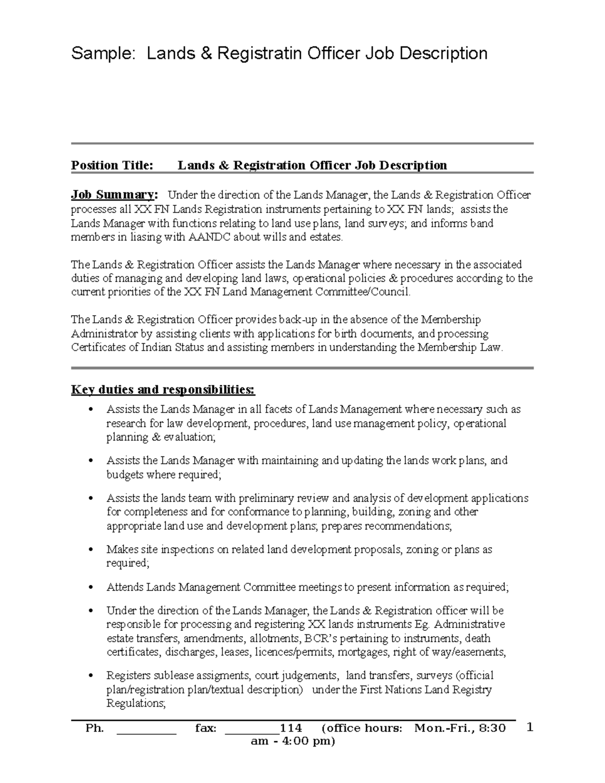 Lands & Registration Officer Job Description for XX First Nation - Studocu
