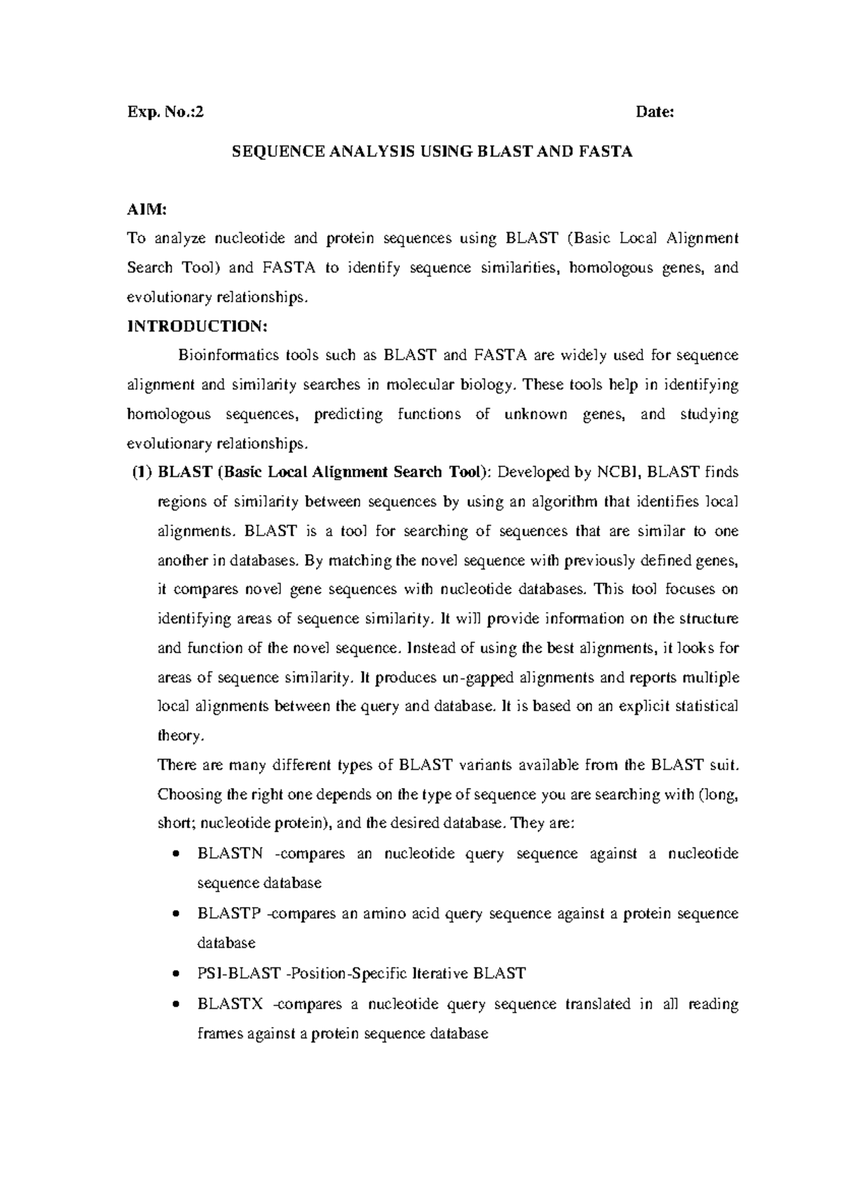 2. Sequence Analysis Using BLAST and FASTA: A Comprehensive Study - Studocu