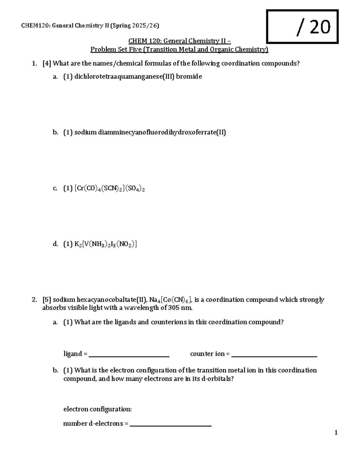 CHEM120: General Chemistry II Problem Set Five - Studocu