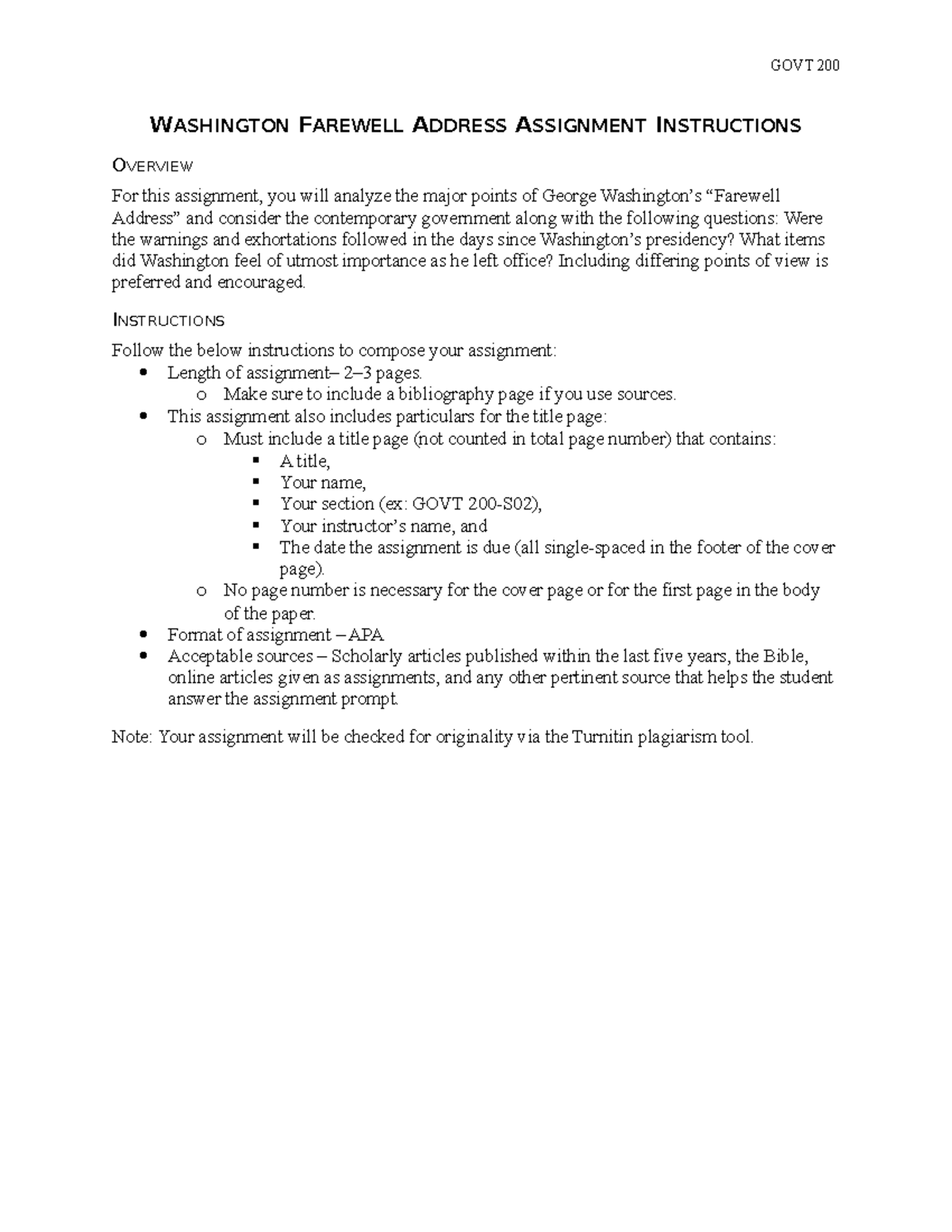 GOVT 200 - Washington's Farewell Address Analysis Assignment - Studocu