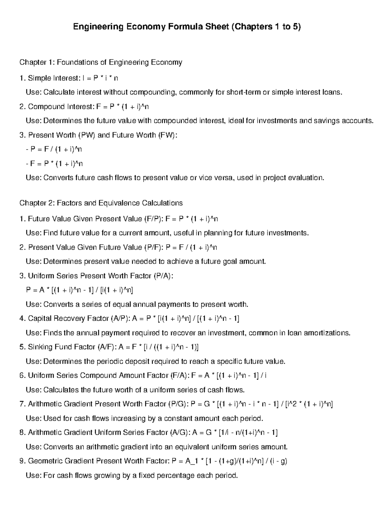 Engineering Economy Formula Sheet: Ch 1 to 5 Overview and Uses - Studocu