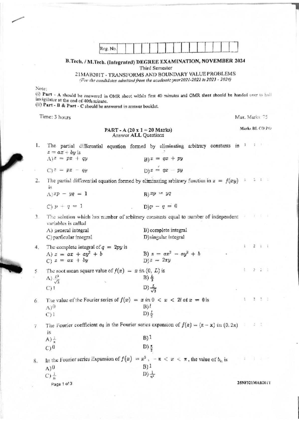 B.Tech 3rd Sem Exam Nov 2024 - Transforms & Boundary Value Problems ...