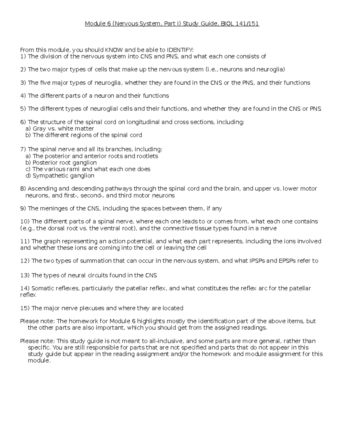 BIOL 141 Module 6 Nervous System I Study Guide and Key Concepts - Studocu