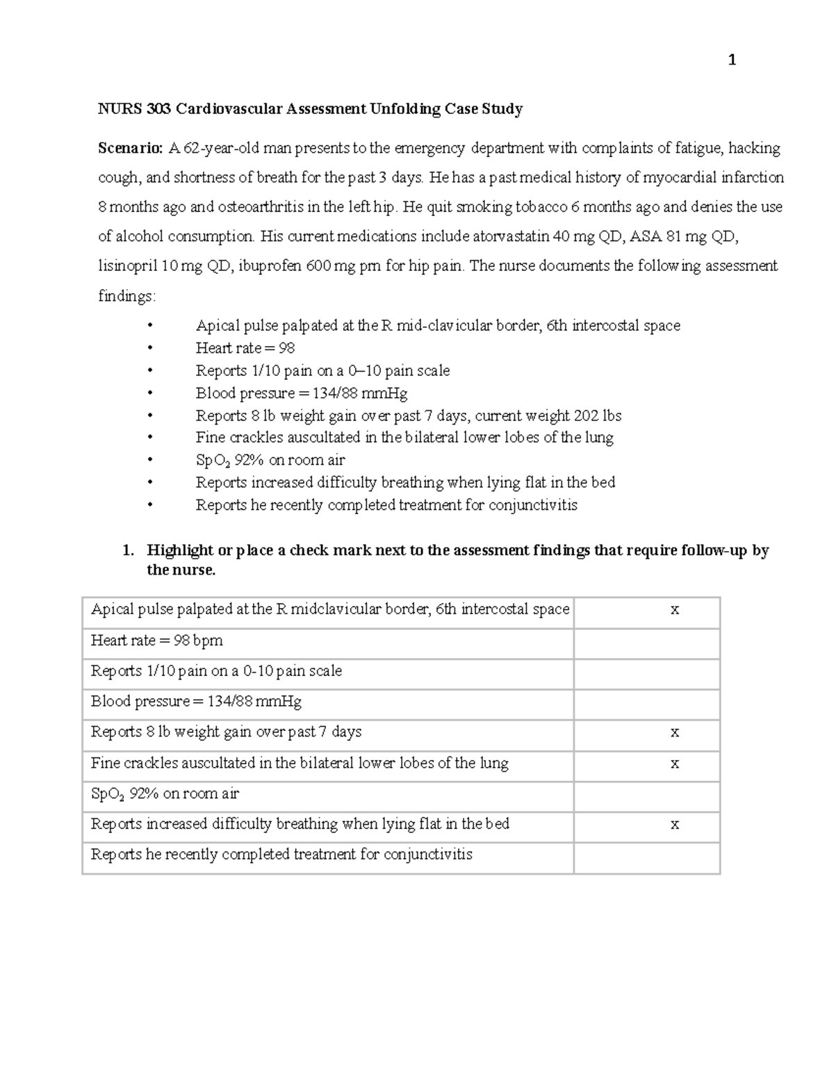 NURS 303 Cardiovascular Assessment Unfolding Case Study Analysis - Studocu