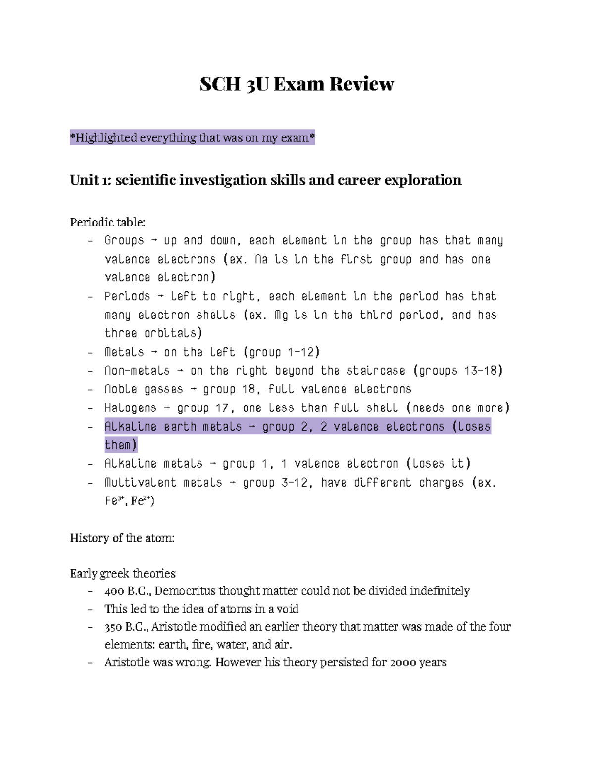 SCH 3U Exam Review: Unit 1 Scientific Investigation & Periodic Table ...