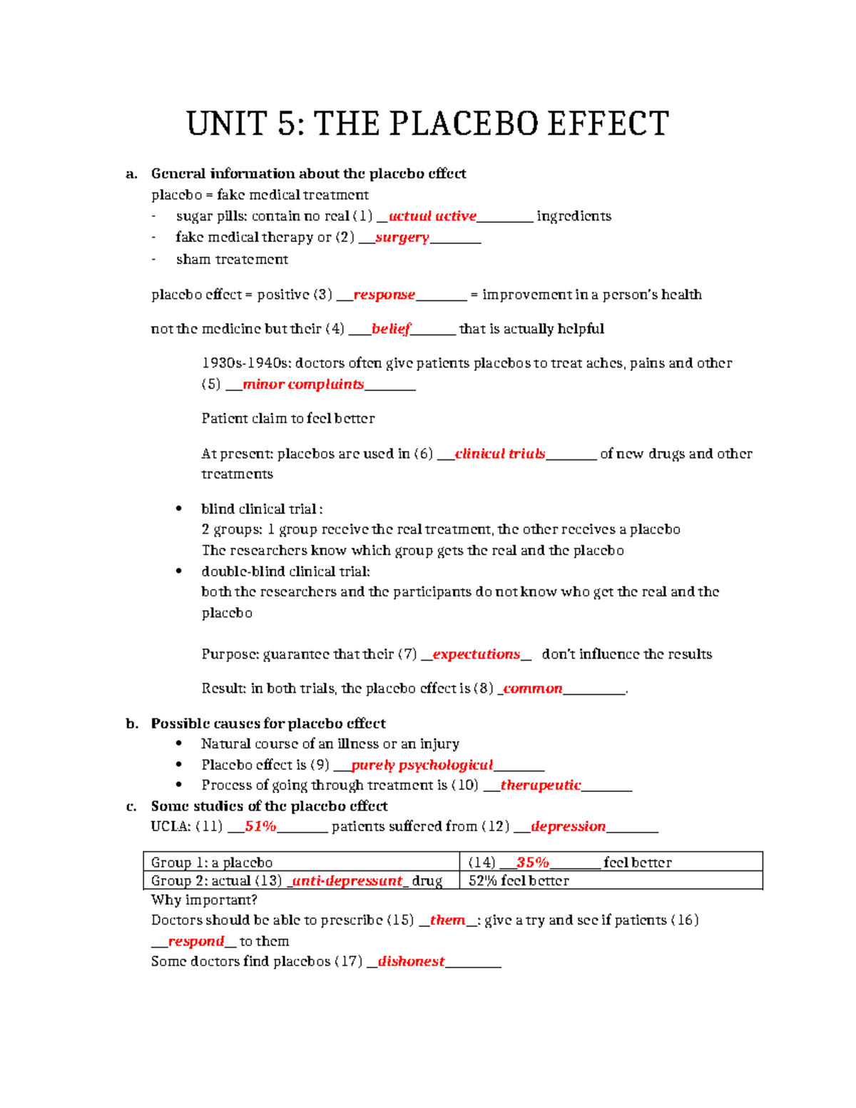 Unit 5: The Placebo Effect - Listening AE1 Notes - Studocu