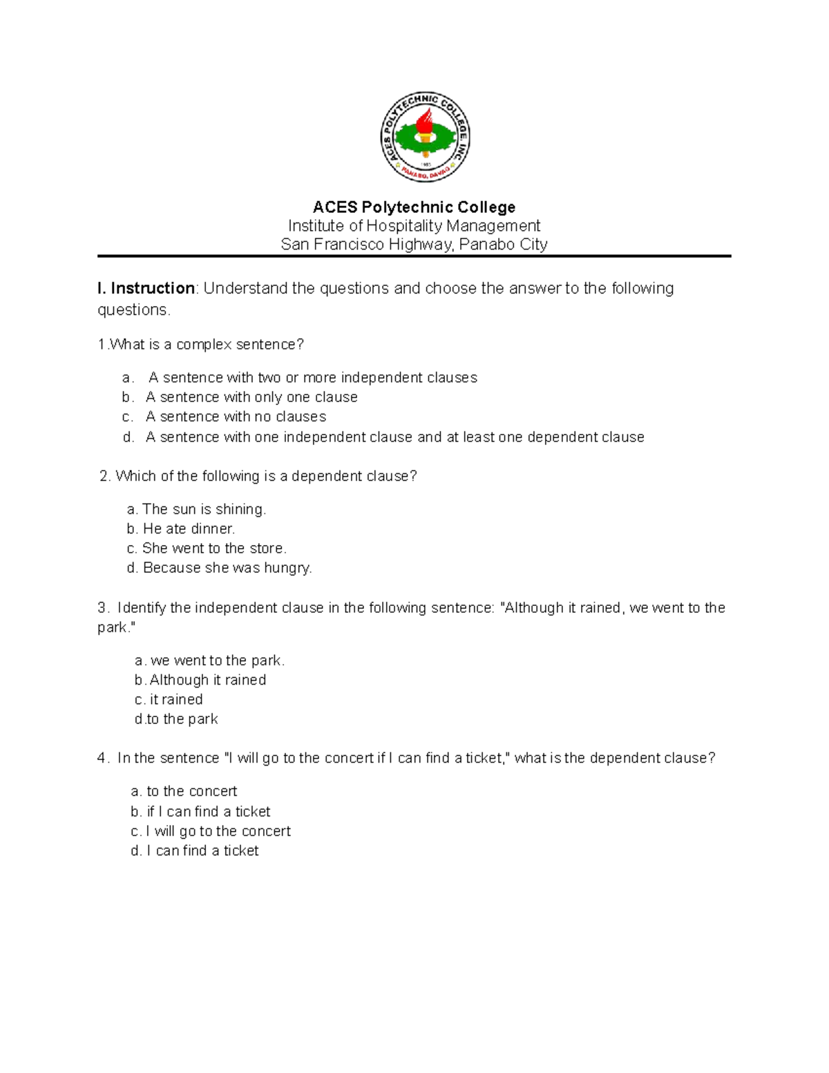 ACES Polytechnic College English 101 Prelim Exam: Sentence Structure ...