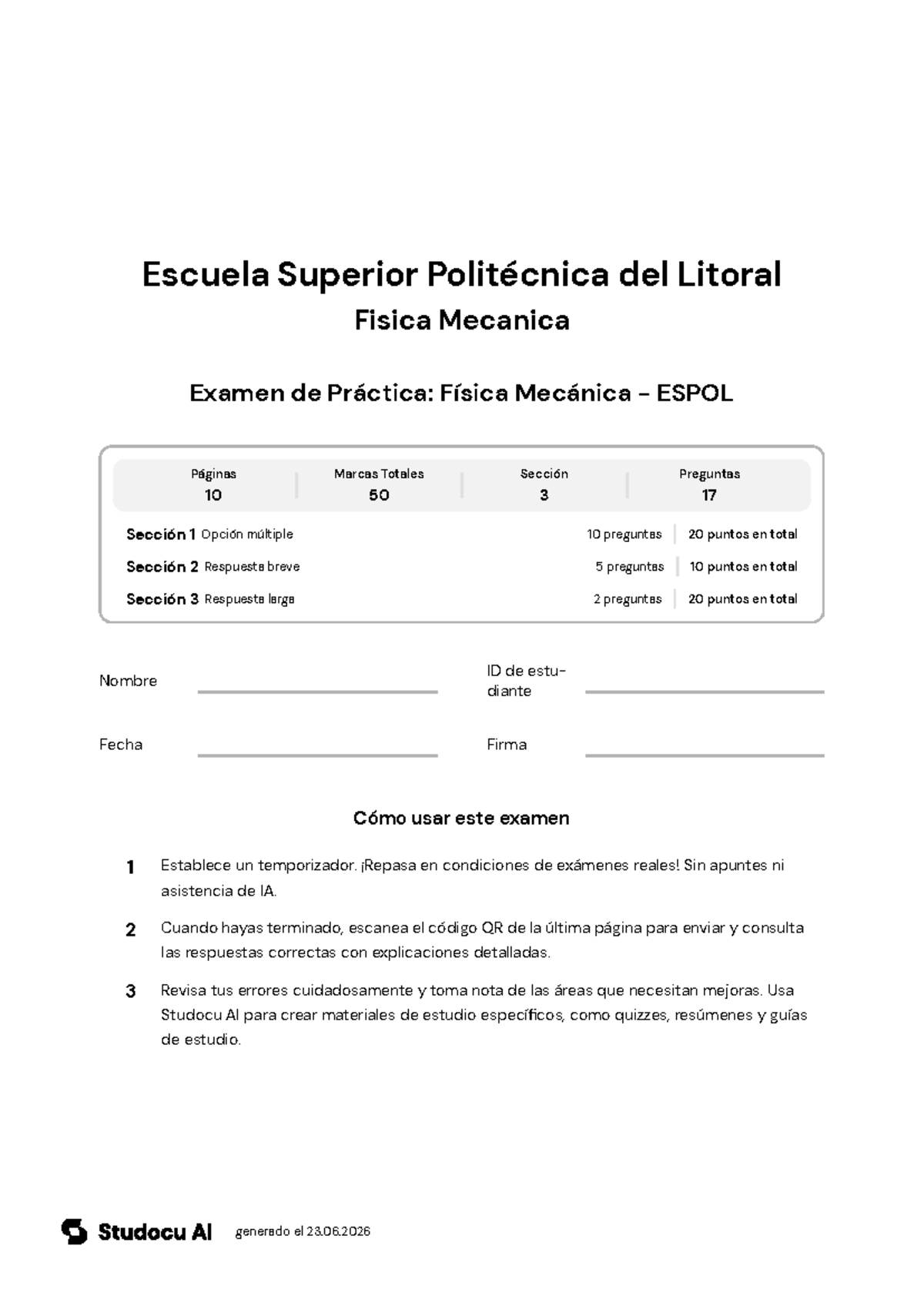 Examen de Práctica: Física Mecánica - ESPOL - Studocu