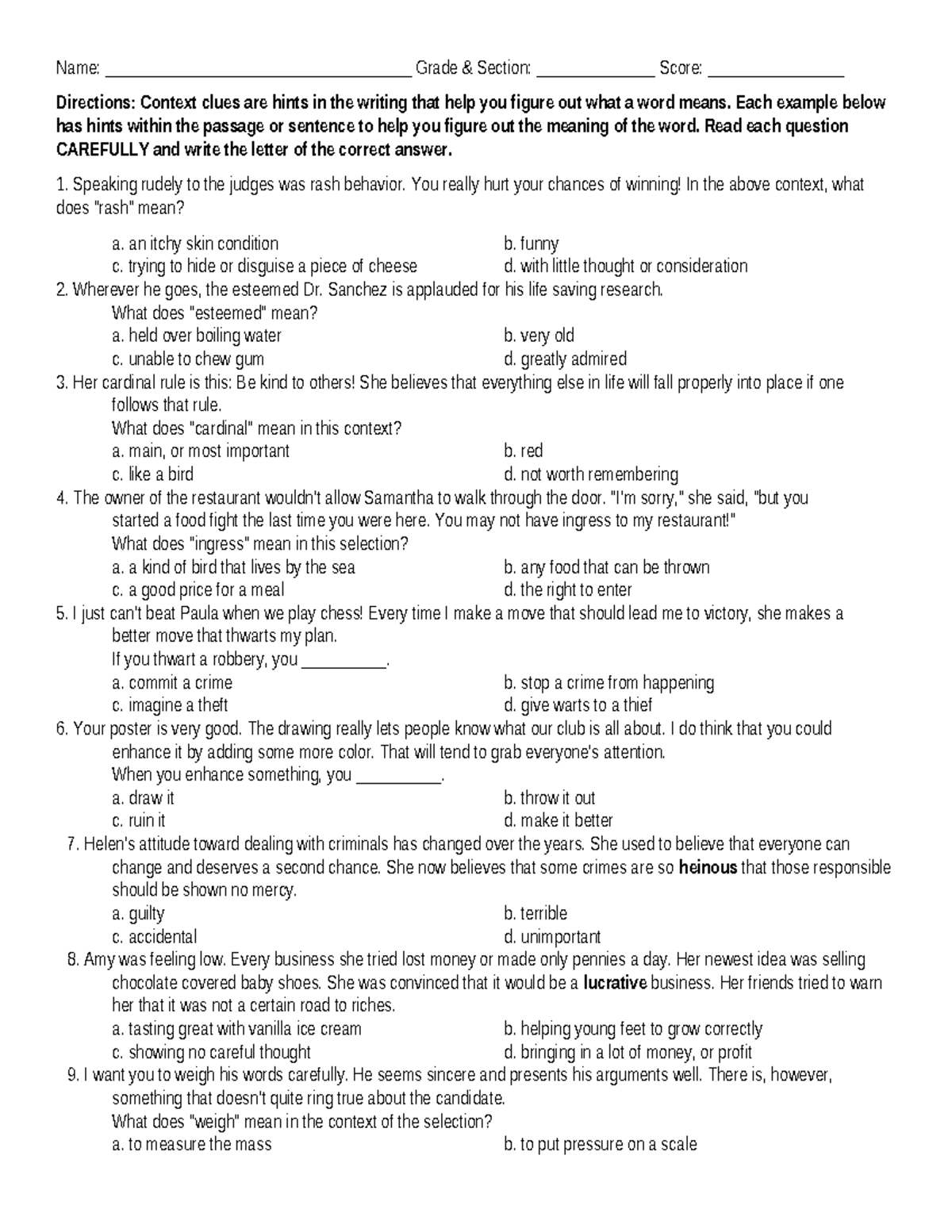 Context Clues Activity Sheets for Vocabulary Understanding - Studocu