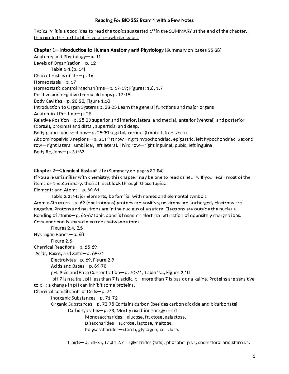 Comprehensive Reading Guide for BIO 253 Exam 1 - Studocu