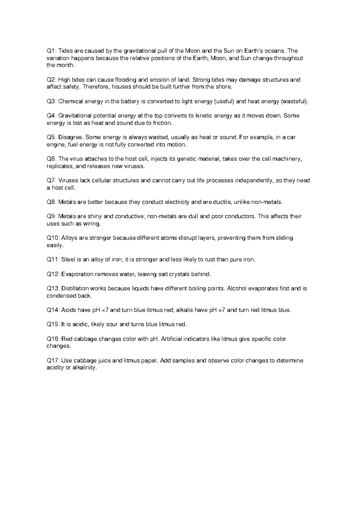 Grade 7 Science HOTS: Tides, Energy, Viruses, and Acids Explained - Studocu