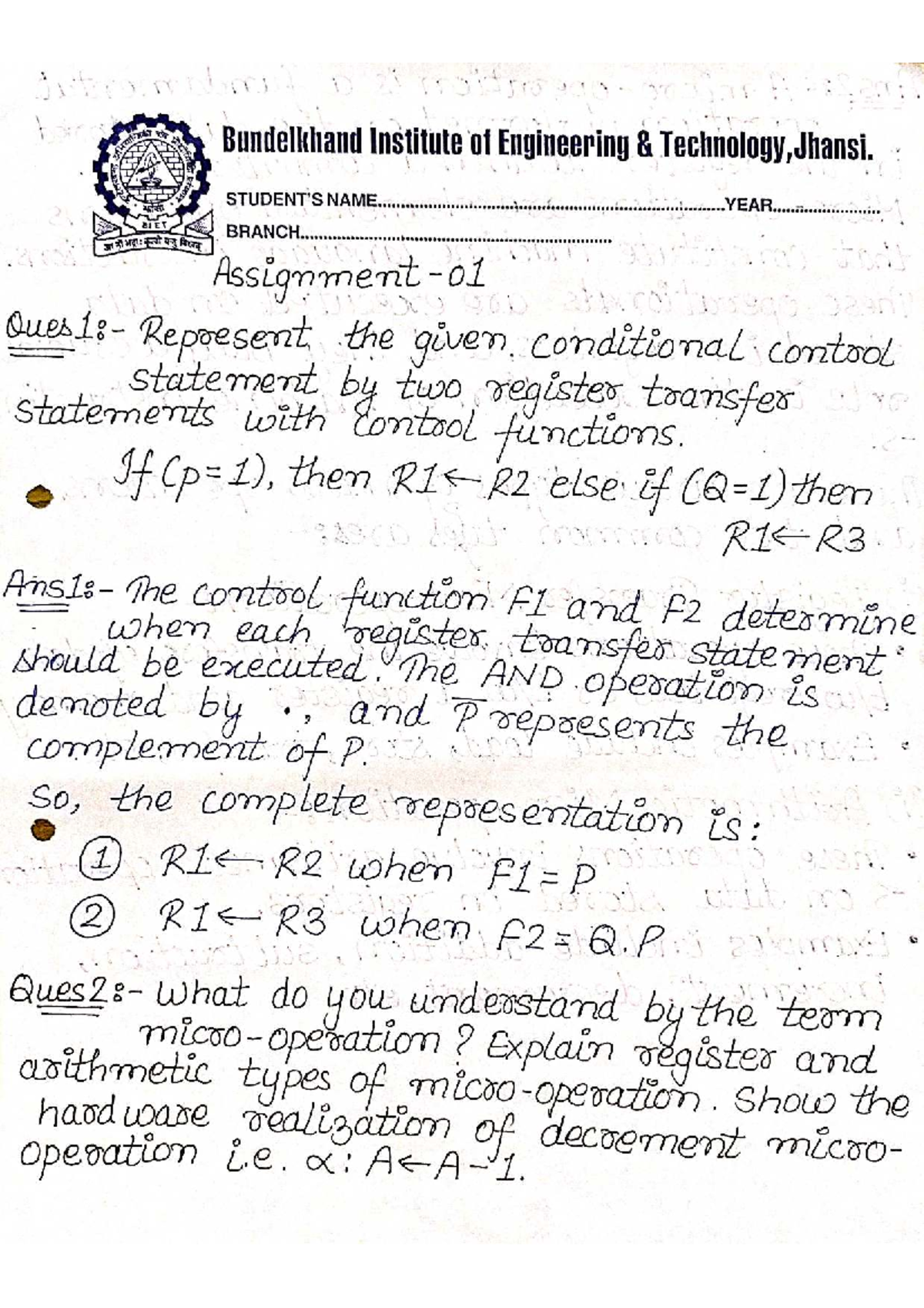 COA-Assignment 1: Register Transfer and Arithmetic Operations - Studocu