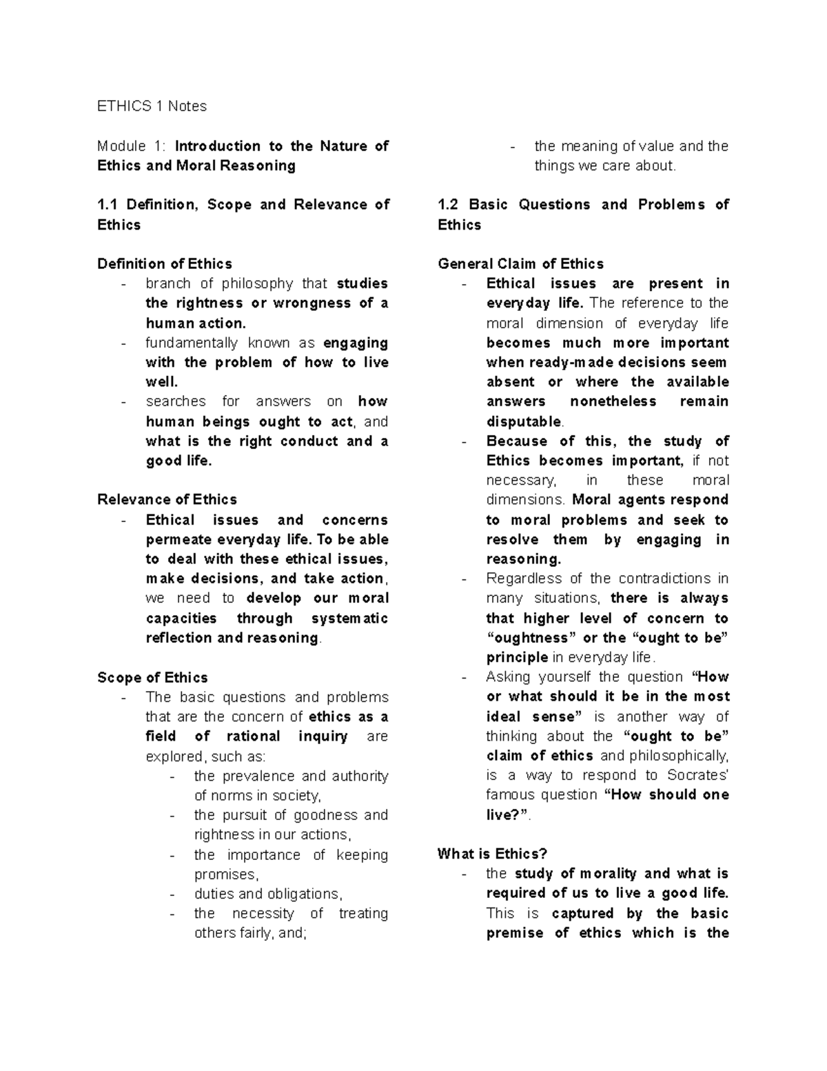 Ethics 1 Module 1: Introduction to the Nature of Ethics and Moral ...