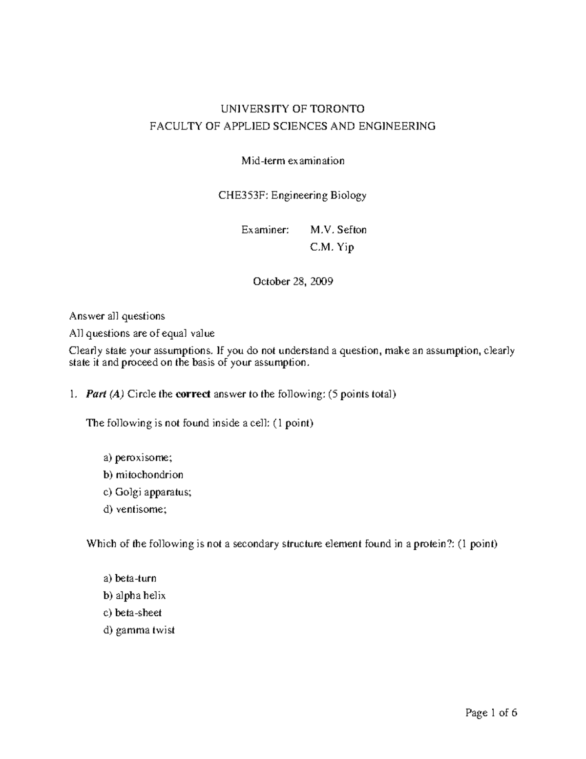 CHE353F Midterm Exam 2009: Engineering Biology Tutorial Notes - Studocu