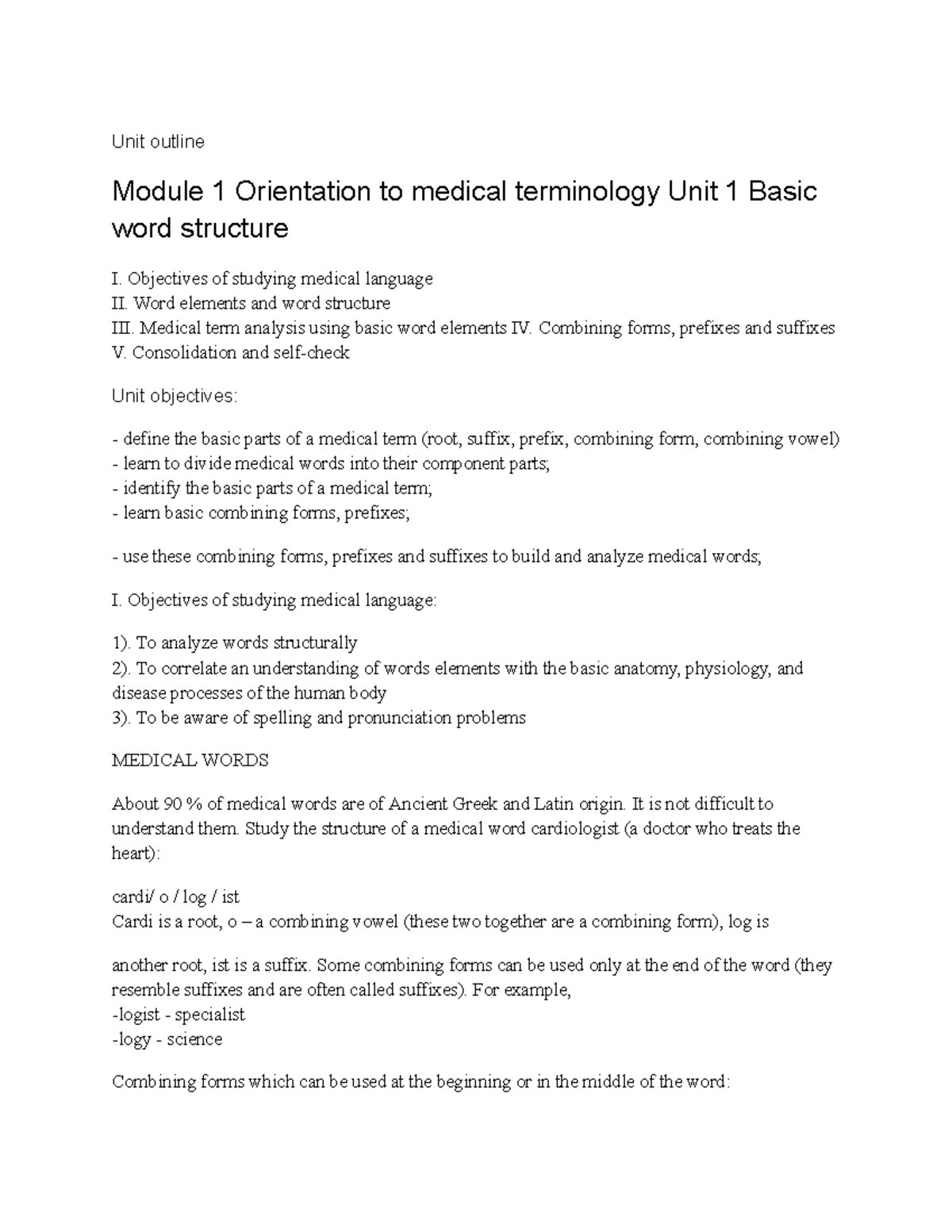 MED 101: Introduction to Medical Terminology - Unit 1 Overview - Studocu