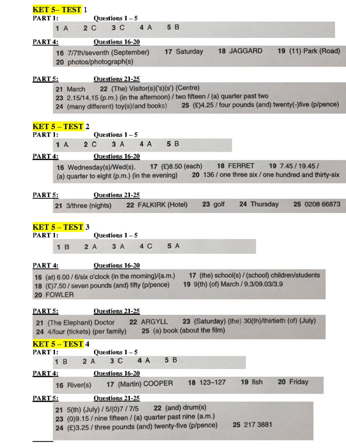 KET 5 Listening Practice for Mid-Term Tests - Answer Key Guide - Studocu