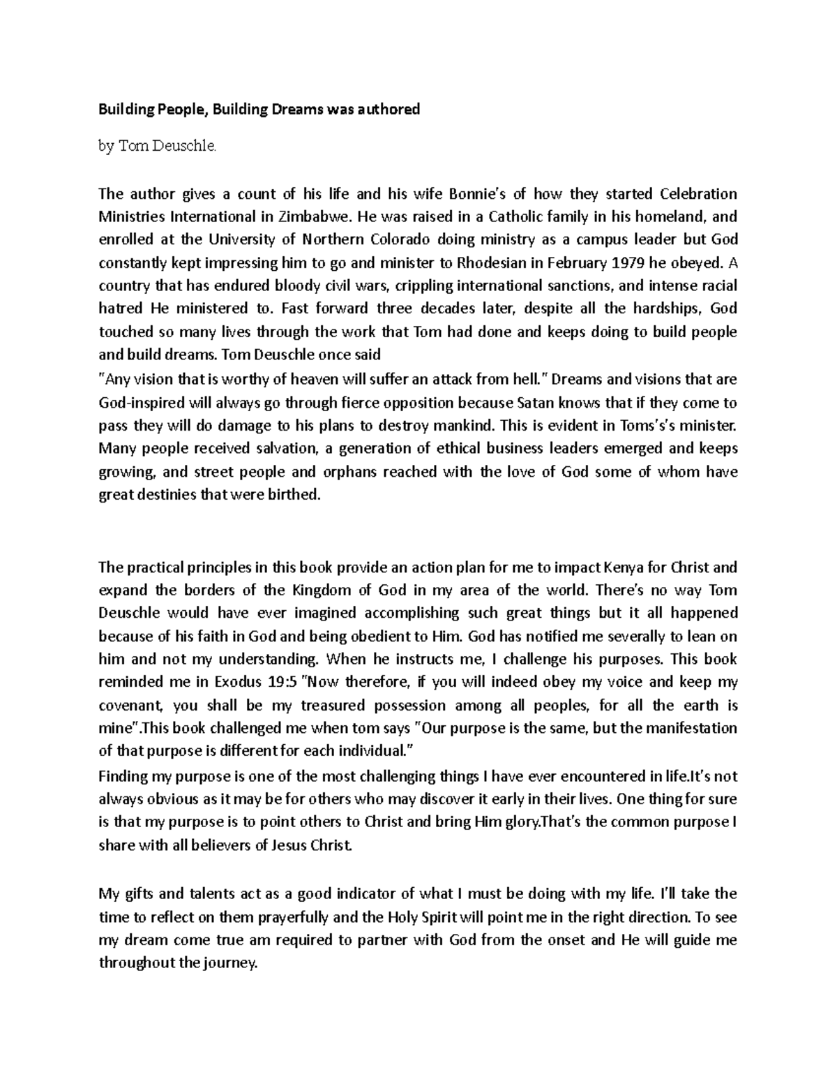 Summary of "Building People, Building Dreams" by Tom Deuschle - Studocu