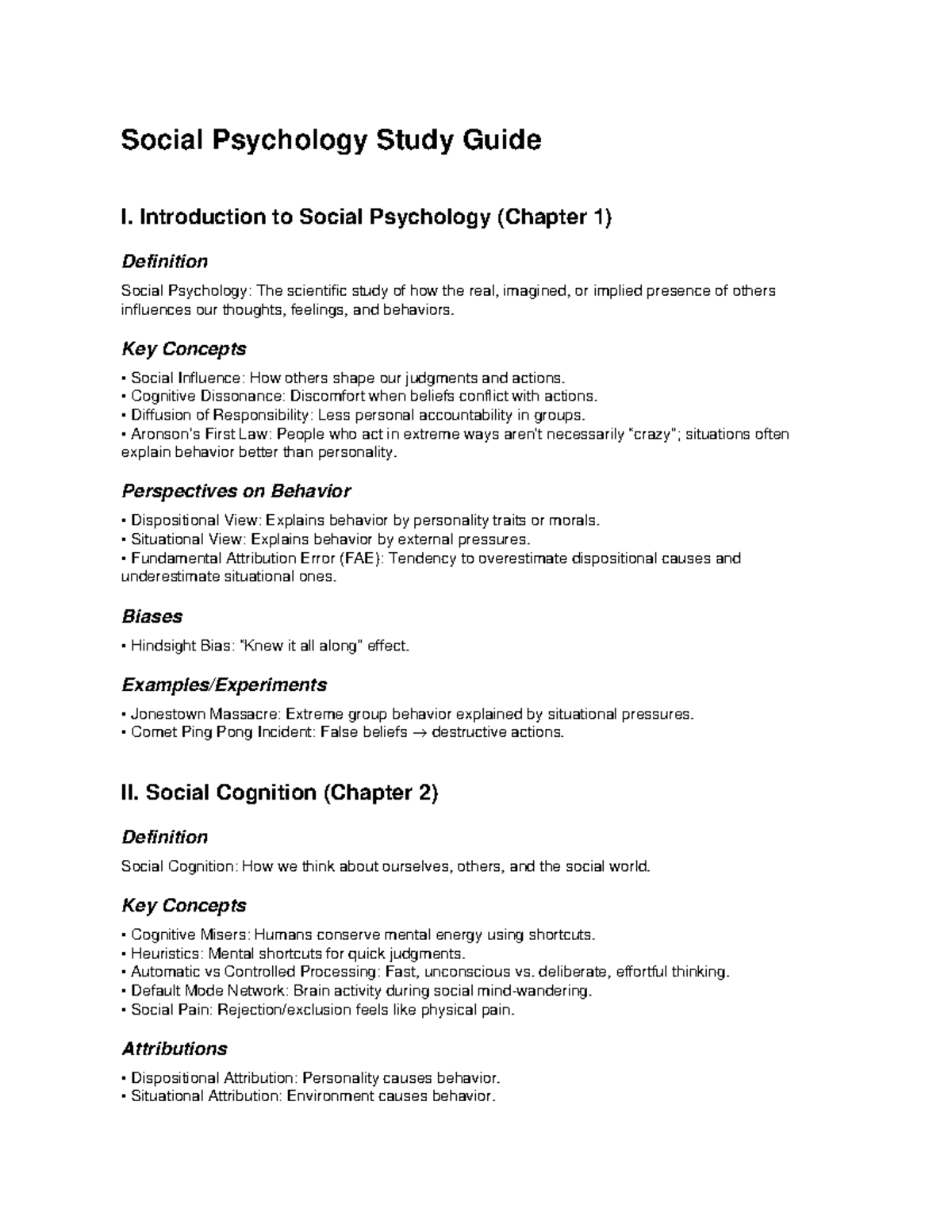 Social Psychology Study Guide I: Key Concepts & Theories (Chapters 1-2 ...
