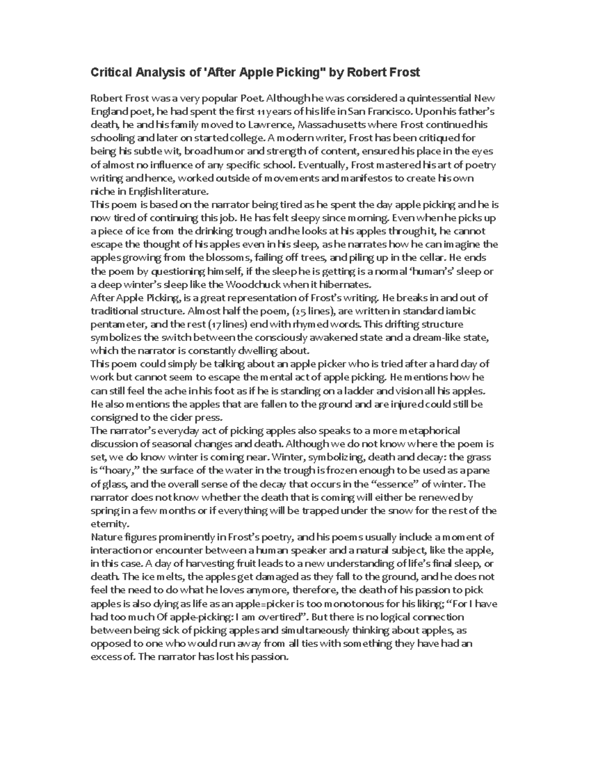 Critical Appreciation of Robert Frost's Poem "After Apple Picking ...