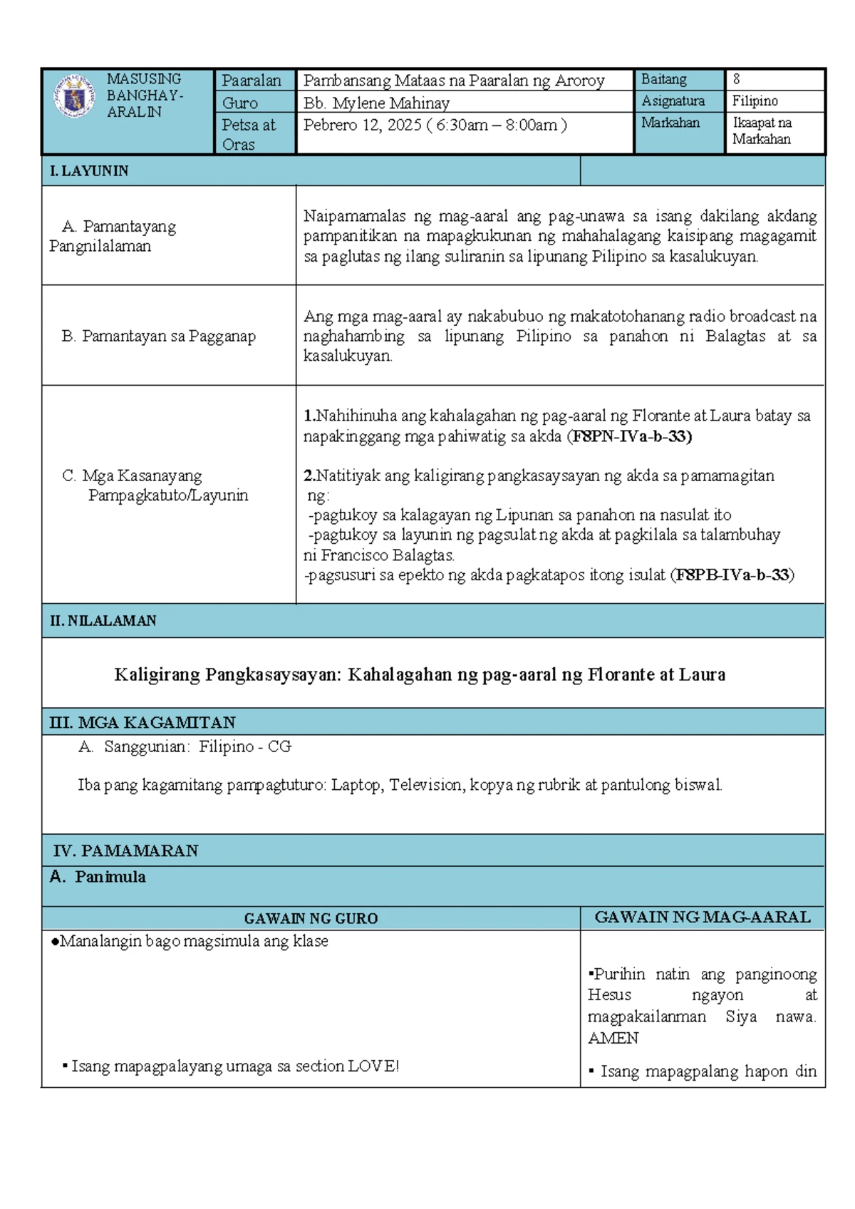 Pagsusuri at Pagtuturo sa "Florante at Laura": Lesson Plan (Baitang 8 ...
