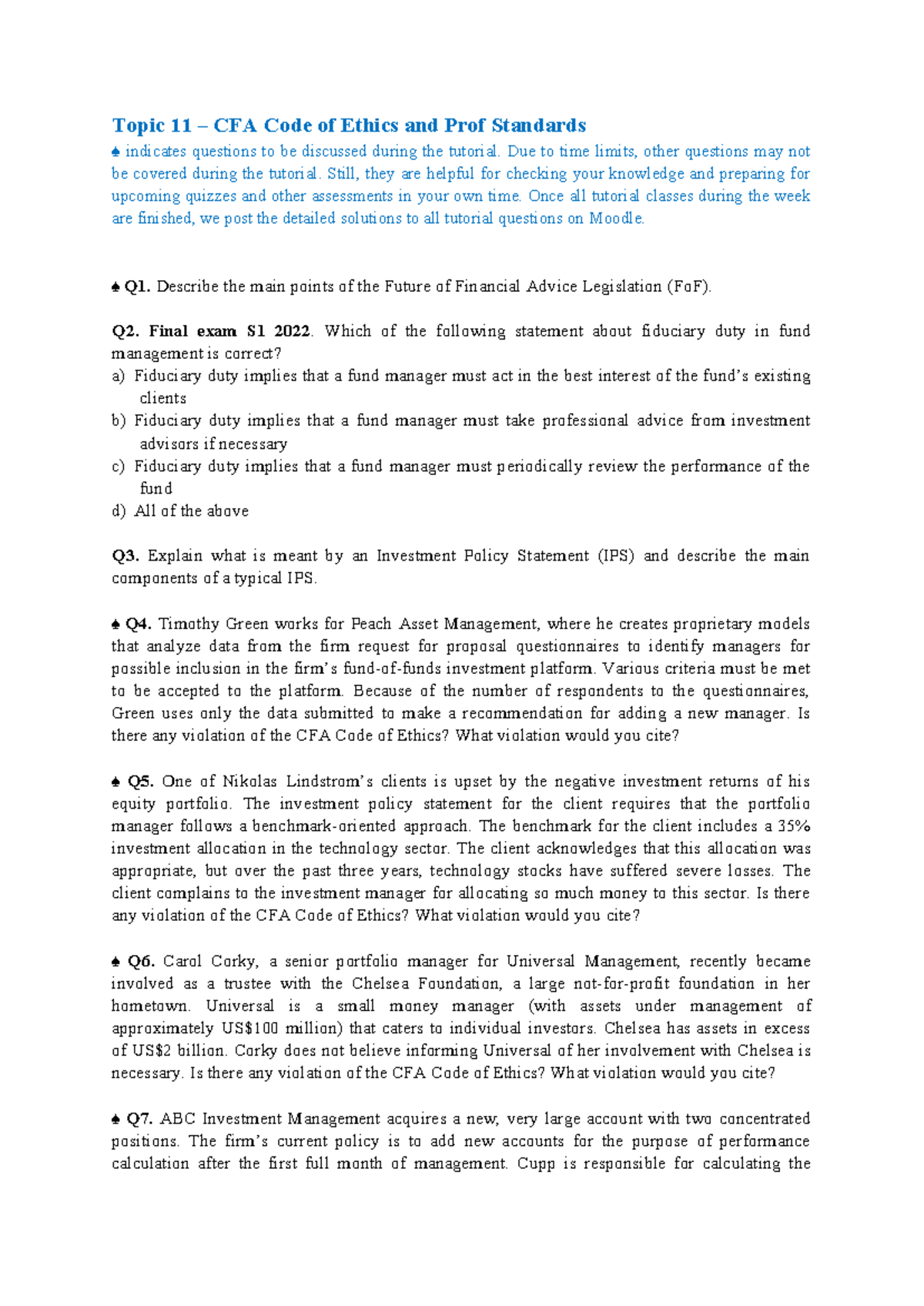 Tute 11: CFA Code of Ethics & Prof Standards Discussion Questions - Studocu