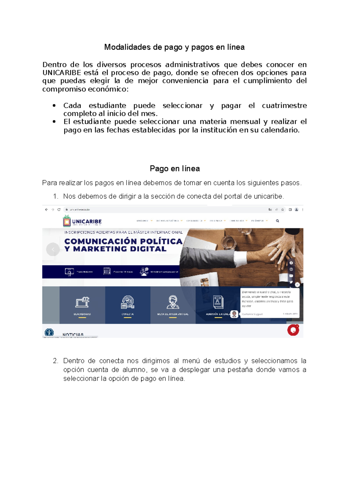 Modalidades de Pago y Proceso de Pagos en Línea en UNICARIBE - Studocu