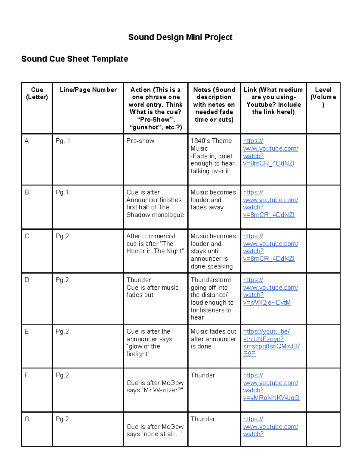 Sound Design Mini Project: Cue Sheet Template for Audio Cues - Studocu