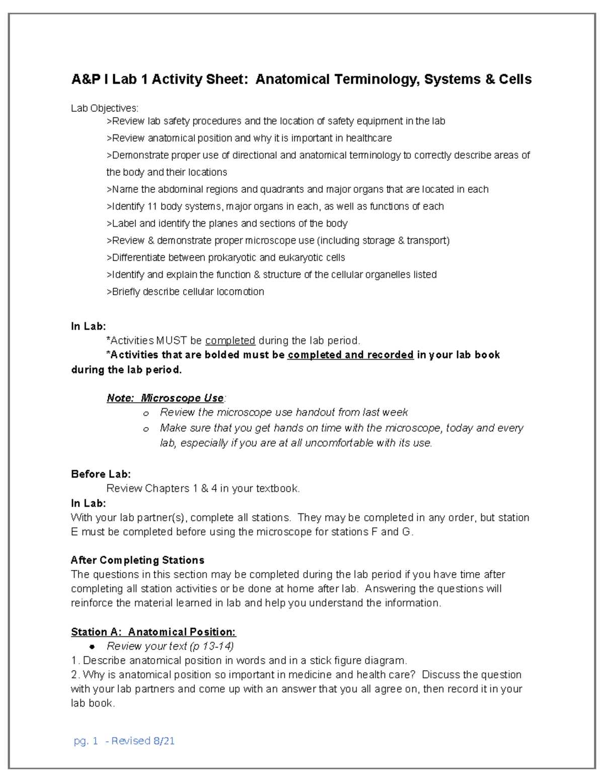 Lab 1 - Activity Sheet: Anatomical Terminology & Body Systems - Studocu
