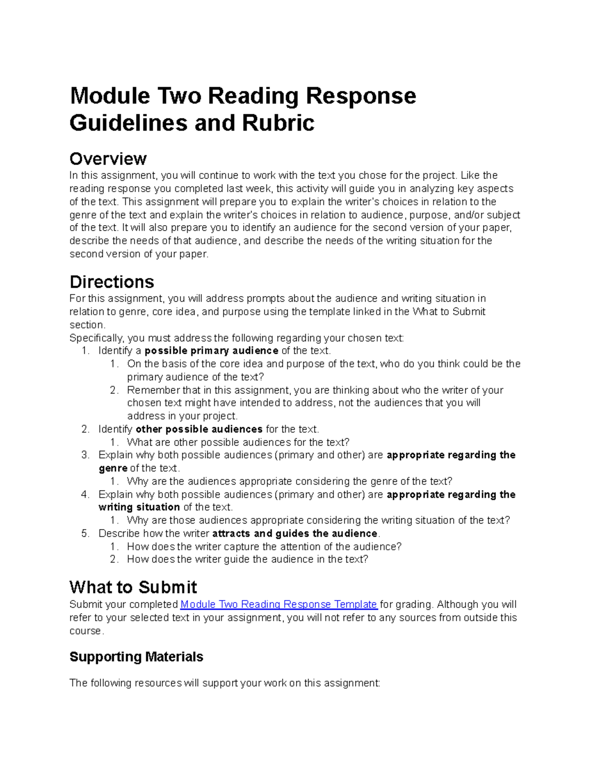 ENG 130 Mod 2 Reading Response: Guidelines and Rubric Analysis - Studocu