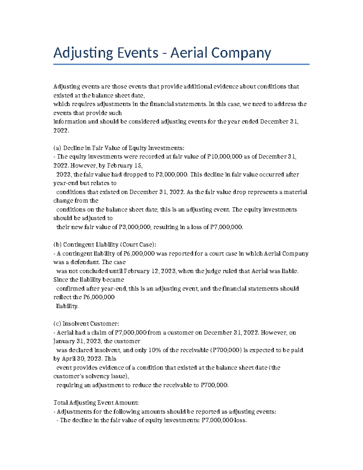 Adjusting Events for Aerial Company - Year Ended 2022 - Studocu
