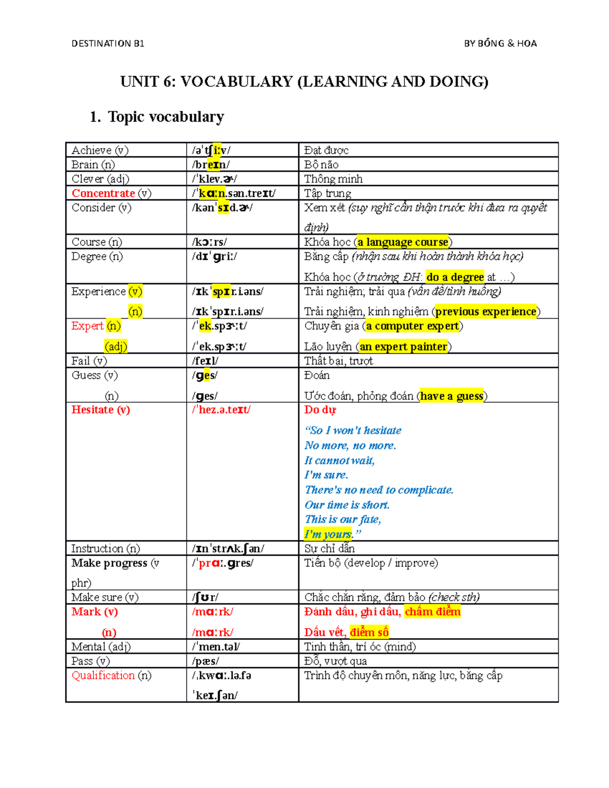 Vocabulary Unit 6: Learning and Doing for Language Course - Studocu