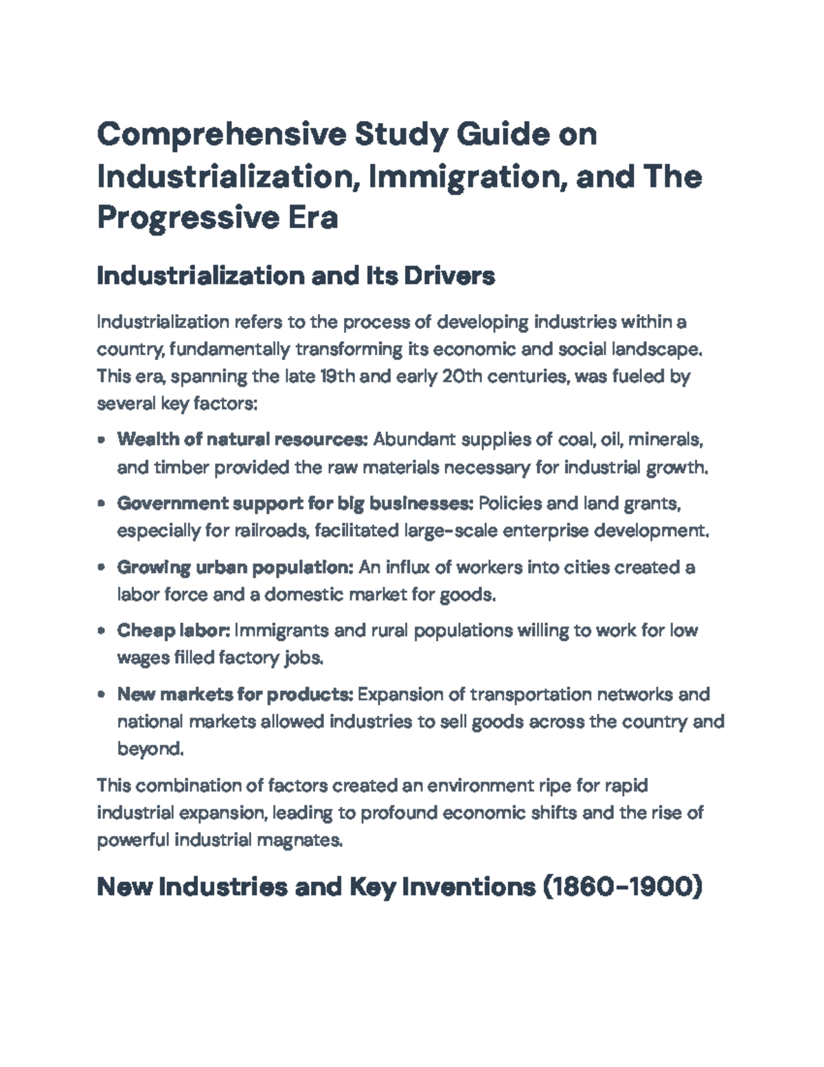 Comprehensive Study Guide: Industrialization, Immigration ...
