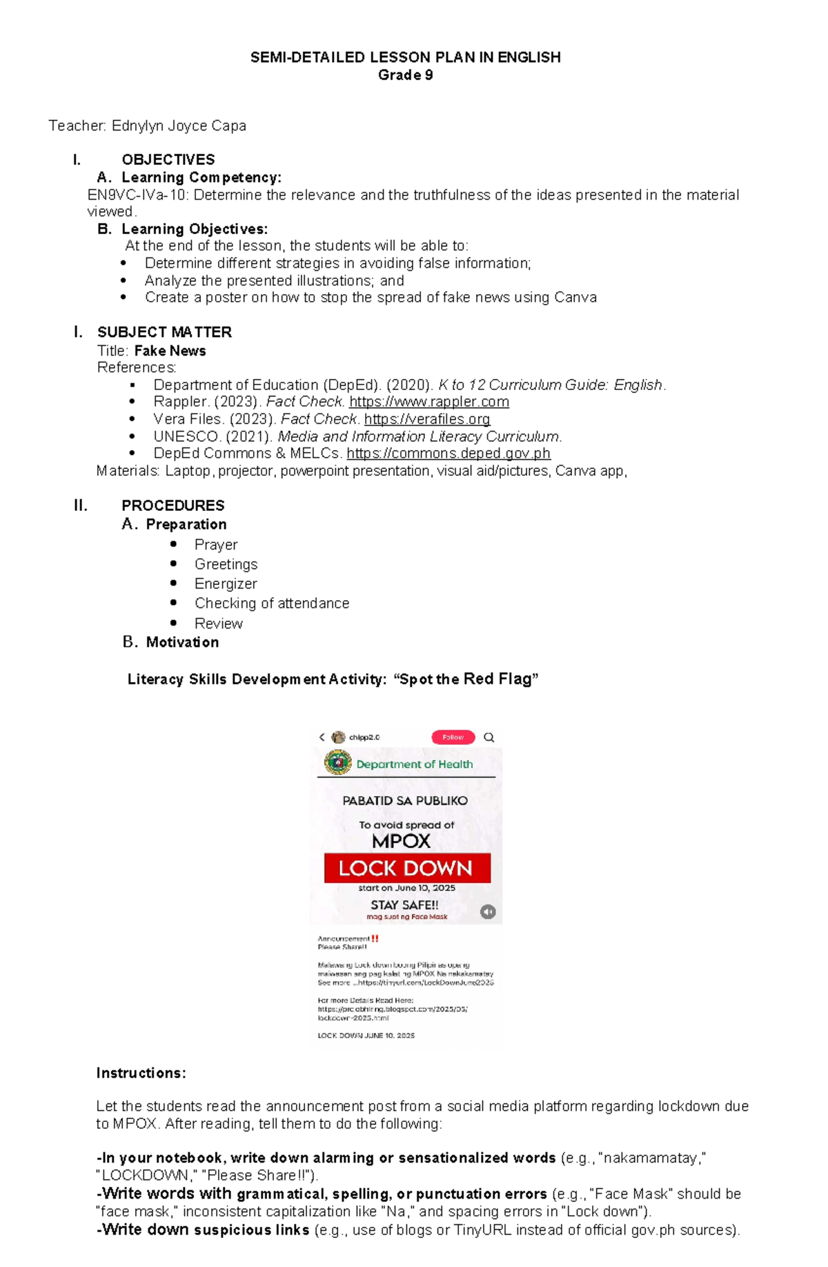 Grade 9 English Lesson Plan: Understanding and Combating Fake News ...