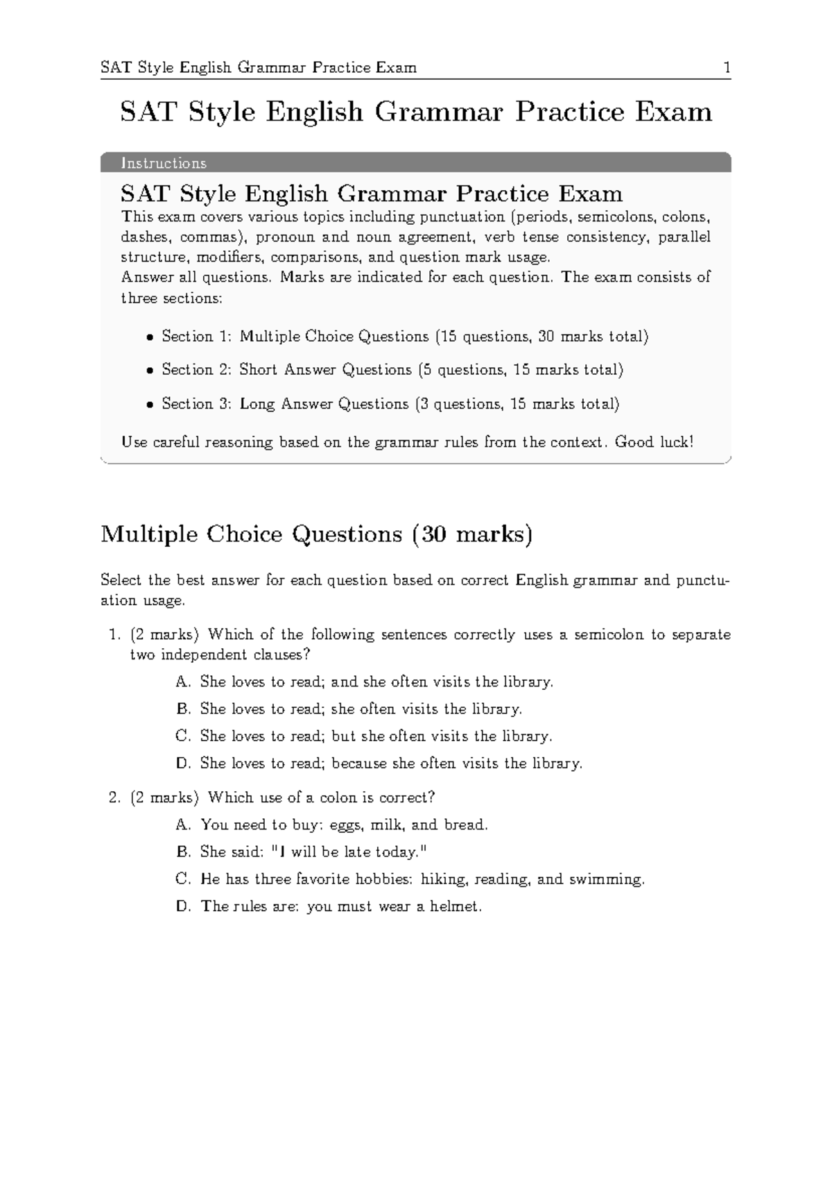 SAT Style English Grammar Practice Exam 1: Comprehensive Review - Studocu