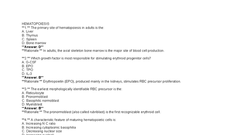 HEMATOPOIESIS: Key Concepts and Disorders in Blood Cell Formation - Studocu