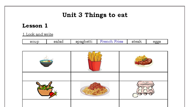 Unit 3: Things to Eat - Lesson Activities and Exercises - Studocu