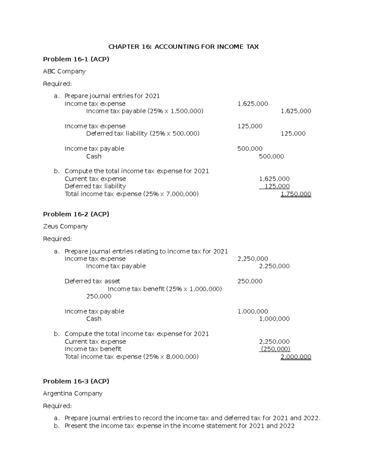 Chapter 16: Accounting for Income Tax - Problem Set and Journal Entries ...