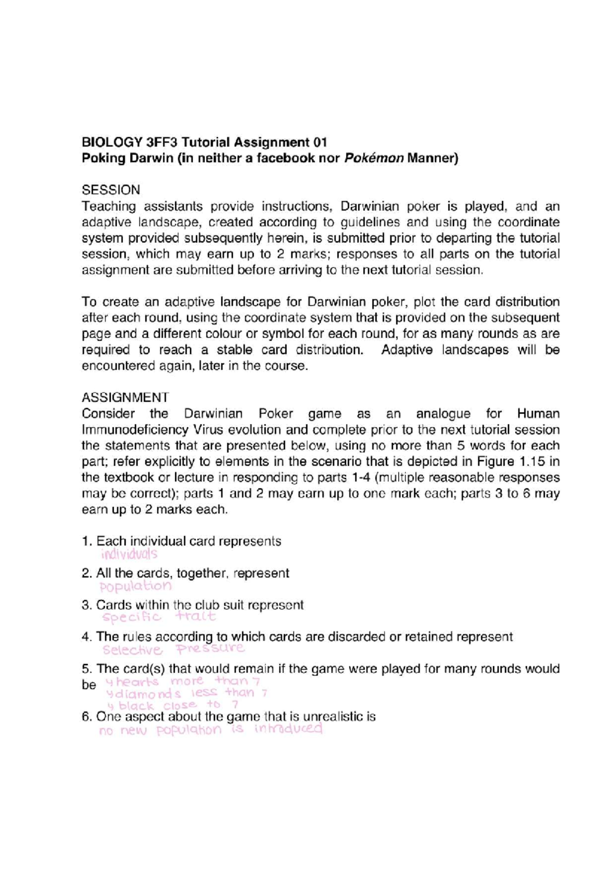 BIOLOGY 3FF3 Tutorial Assignment 01: Darwinian Poker Analysis - Studocu