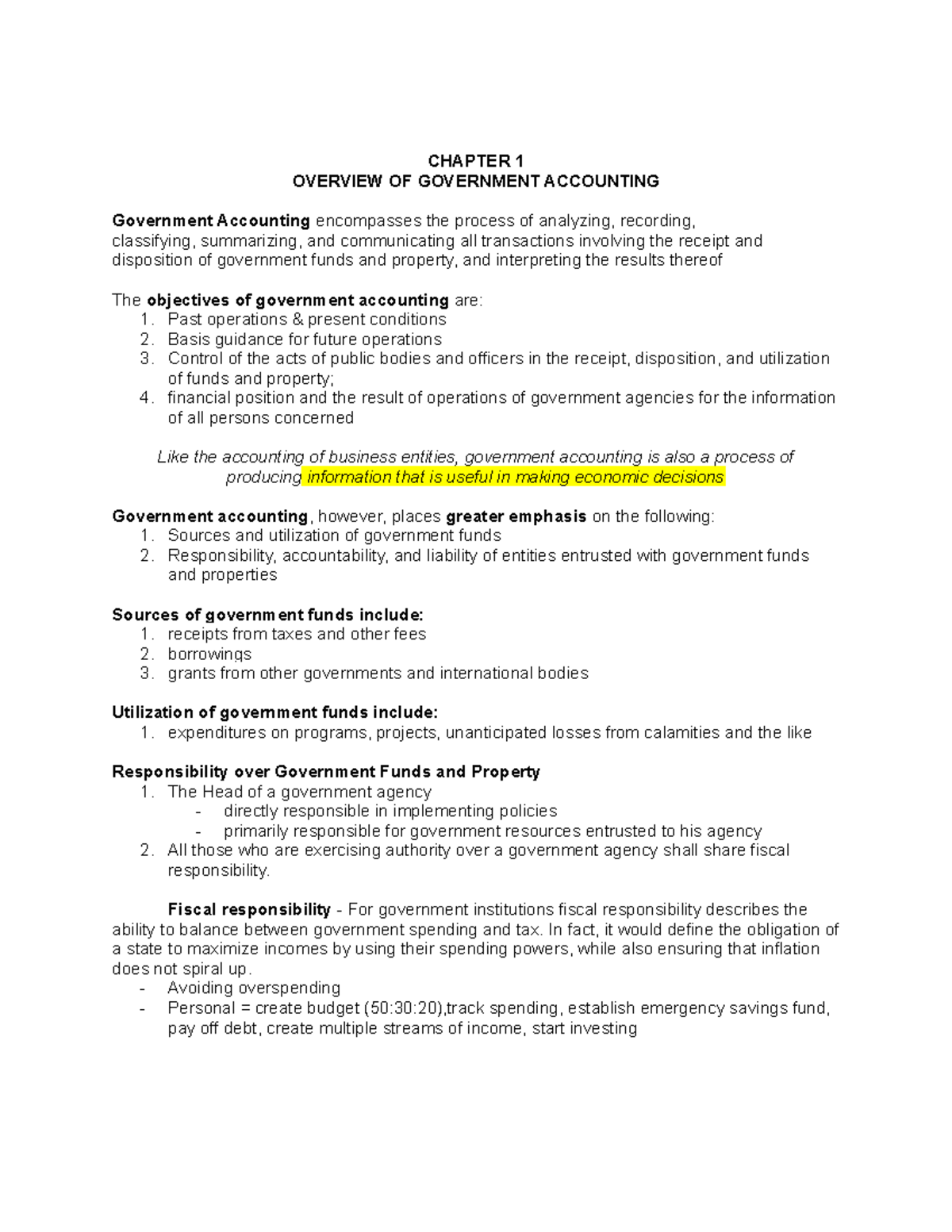 GOVERNMENT ACCOUNTING LECTURE NOTES: CHAPTER 1 & 2 SUMMARY - Studocu