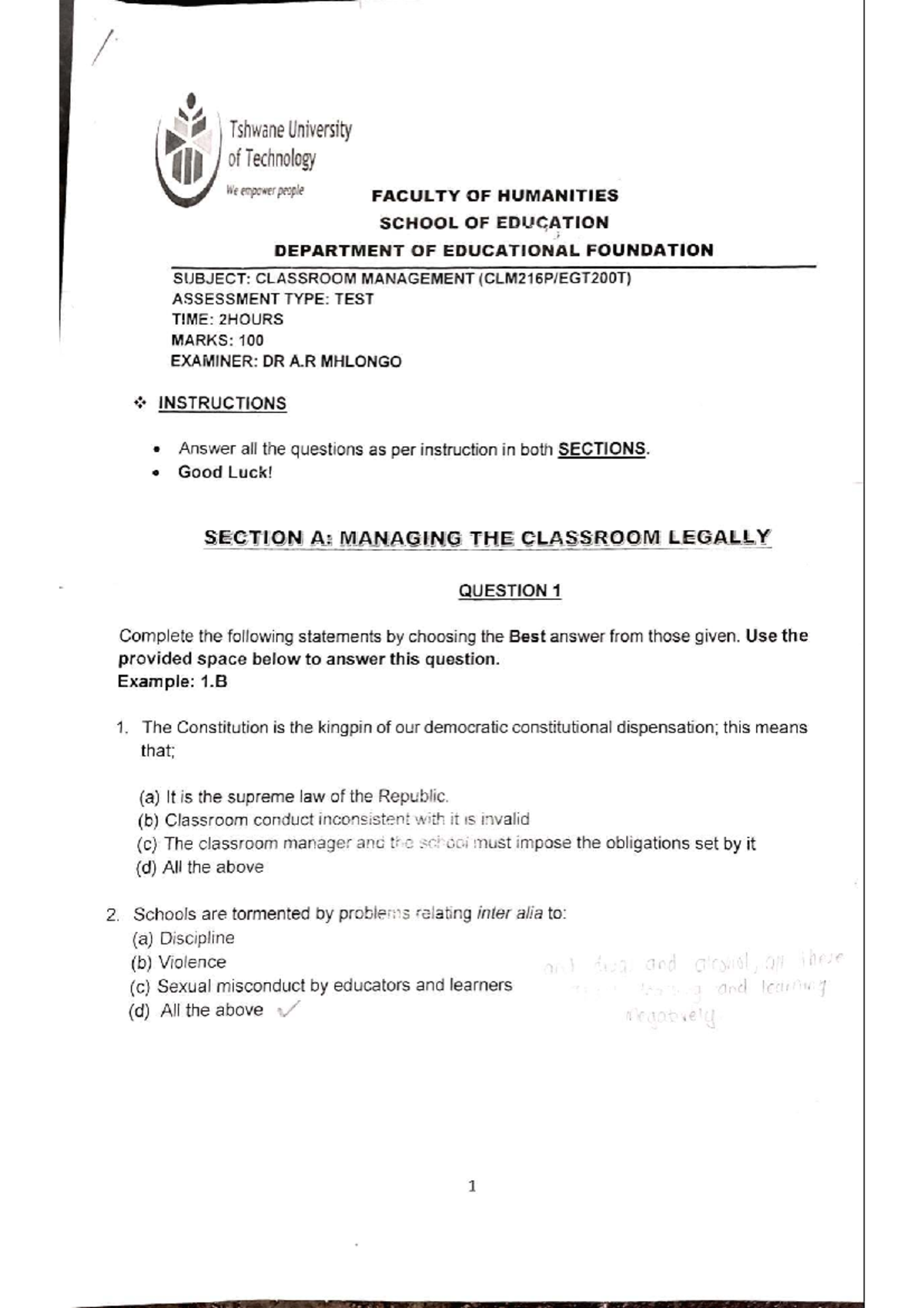 CLM216P Classroom Management Assessment Test Notes - Studocu