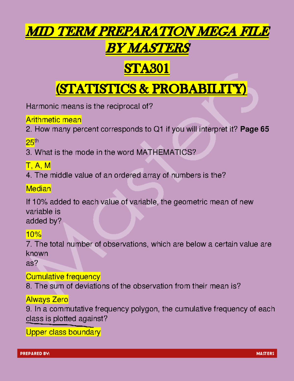 STA301 MIDTERM PREPARATION MEGA FILE - MASTERS NOTES - Studocu