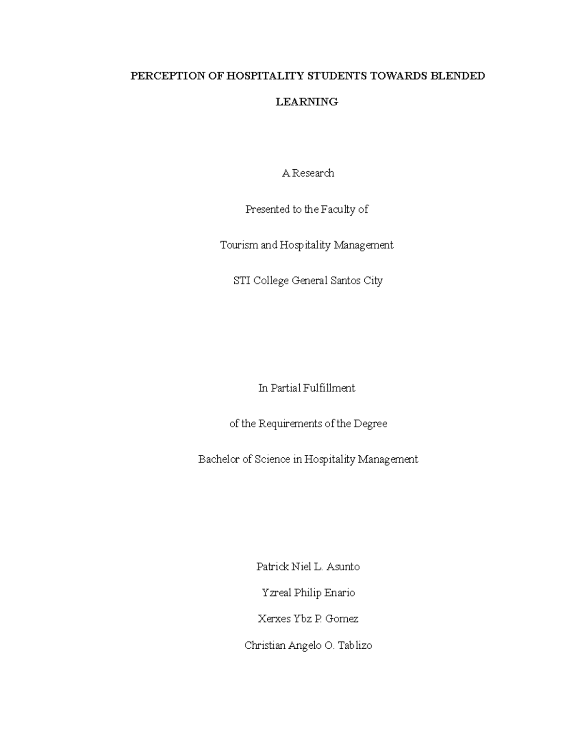 STI BSHM Thesis: Hospitality Students' Perception of Blended Learning ...