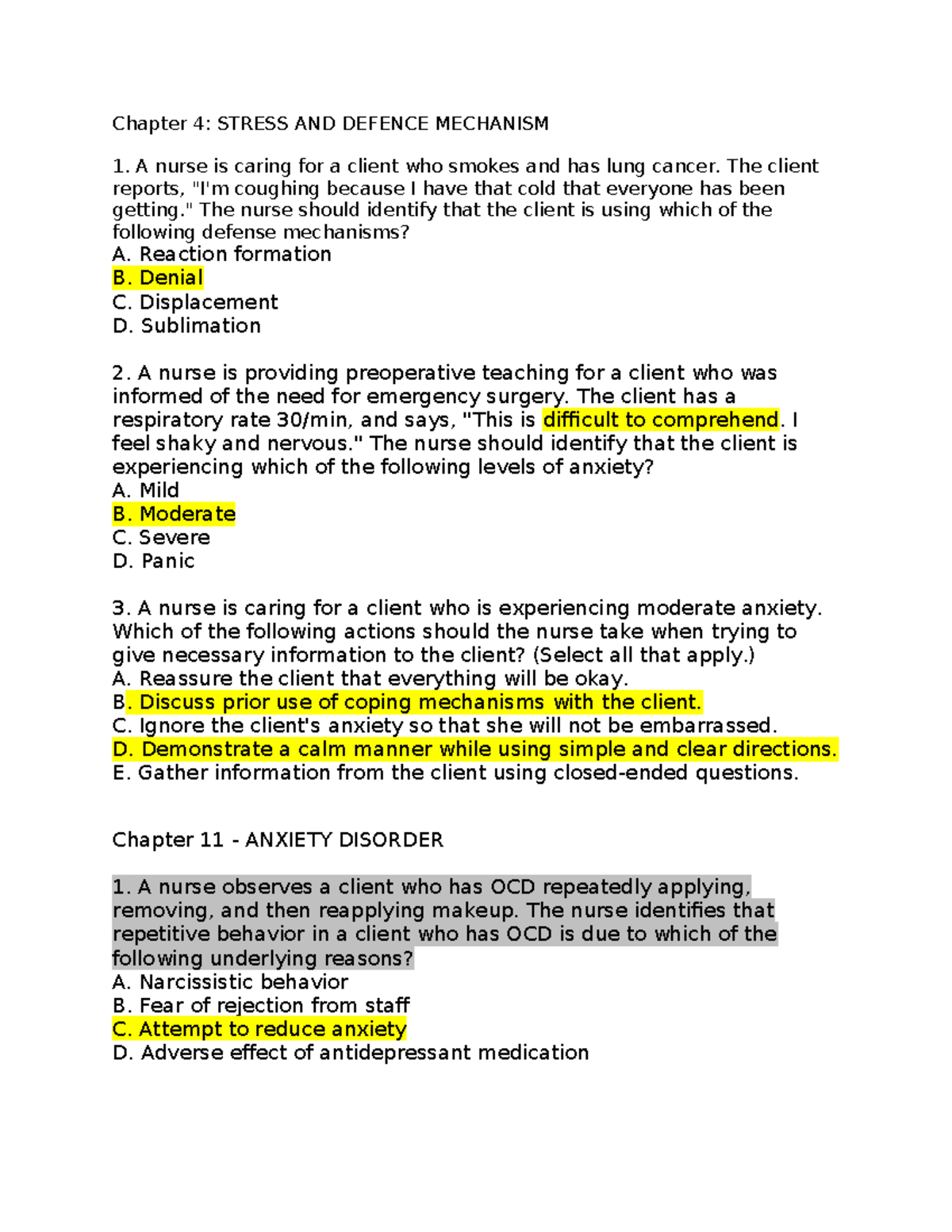 ATI Nursing Exam 3: Stress, Anxiety, and Defense Mechanisms Review ...