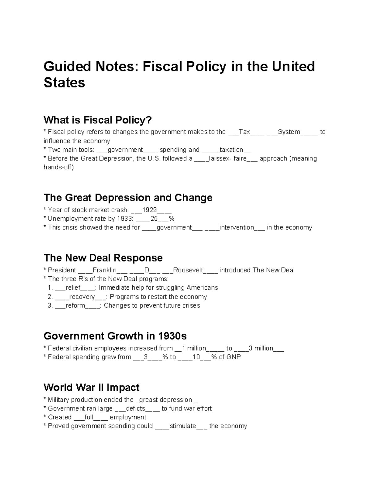 Guided Notes Fiscal Policy - followed a _laissex- faire approach ...