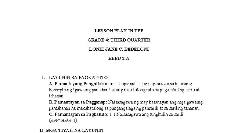 LESSON PLAN IN EPP GRADE 4: THIRD QUARTER OVERVIEW - Studocu