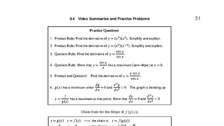 Calculus Notes Summary: Product, Quotient, and Chain Rules - Studocu