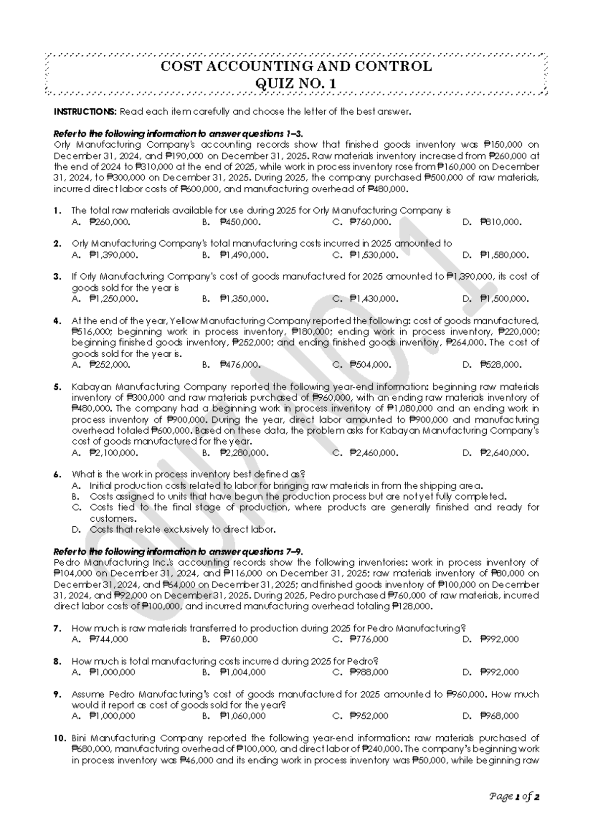COST ACCOUNTING AND CONTROL QUIZ NO. 1 - Studocu